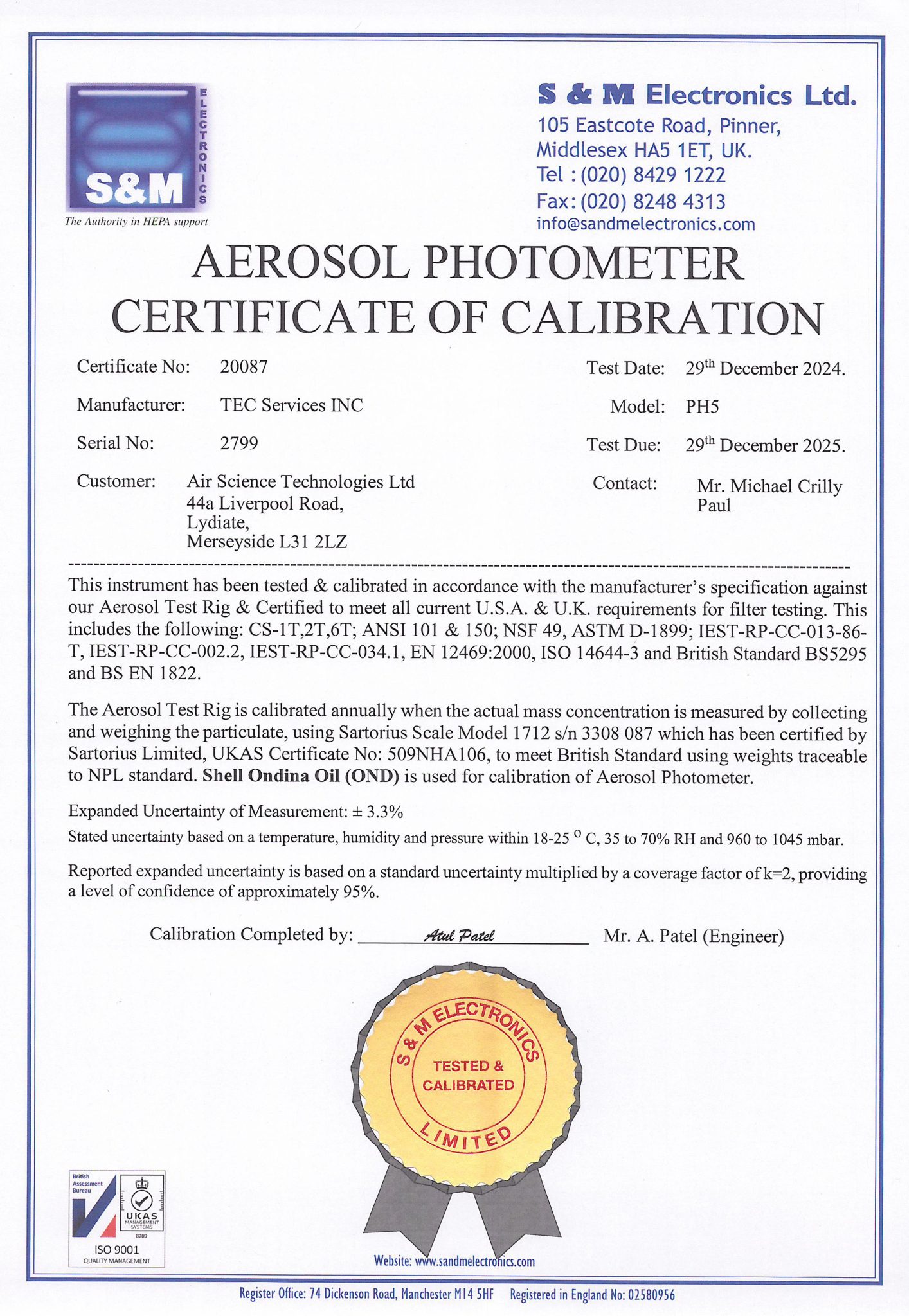 Calibration Certificates & Traceable Measurement Records | Air Science UK