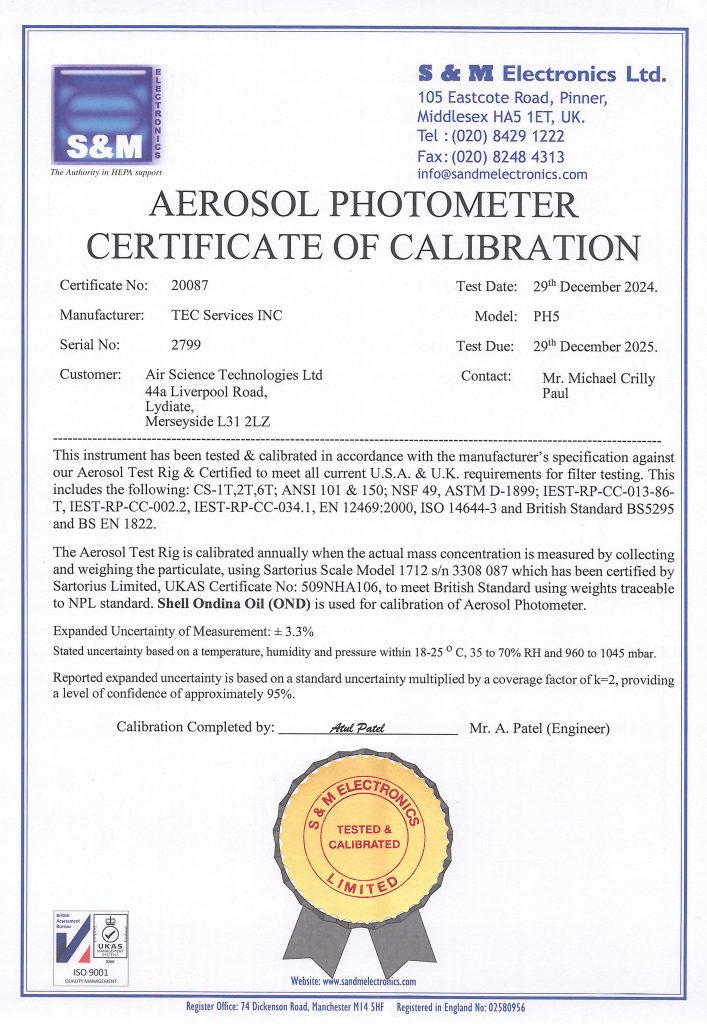 Air Science Calibration Certificates